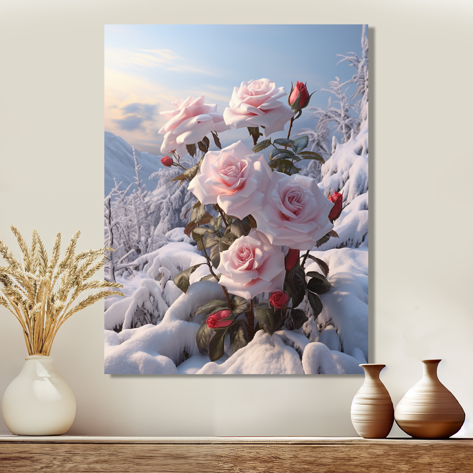 Red Barrel Studio Pink Winter Roses Snowy Mountain - Roses Wall Art ...
