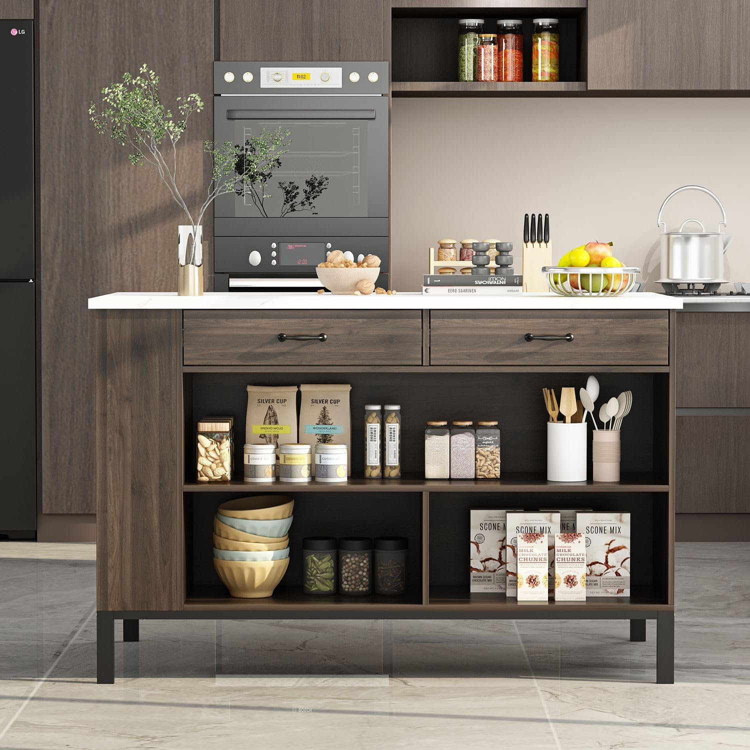 Latitude Run® Stationary Kitchen Island With 2 Drawers & Open Shelves ...