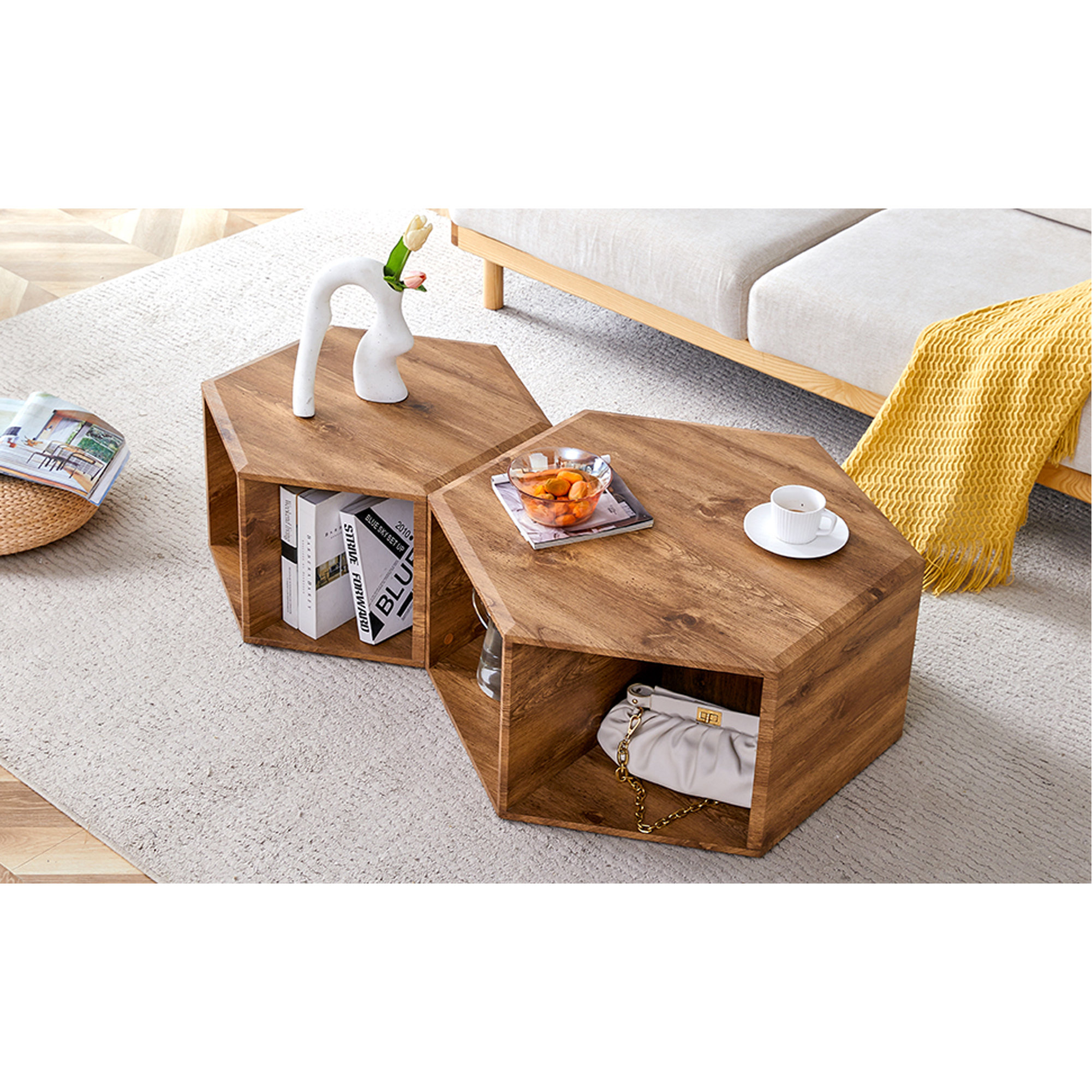 Millwood Pines Minimalist White Patterns Hexagonal Coffee Table Set ...