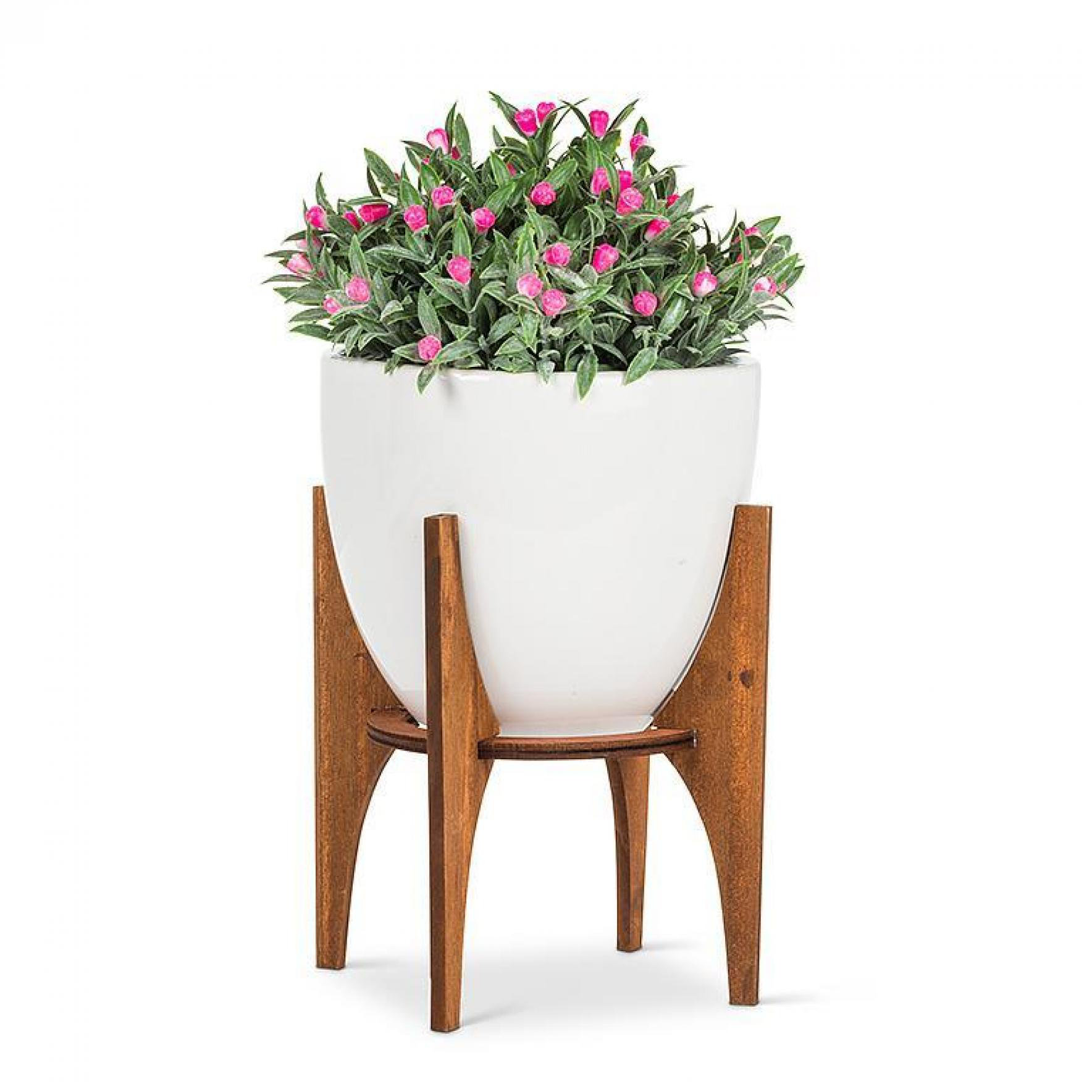 Latitude Run® White Pot With Wooden Stand Planter | Wayfair