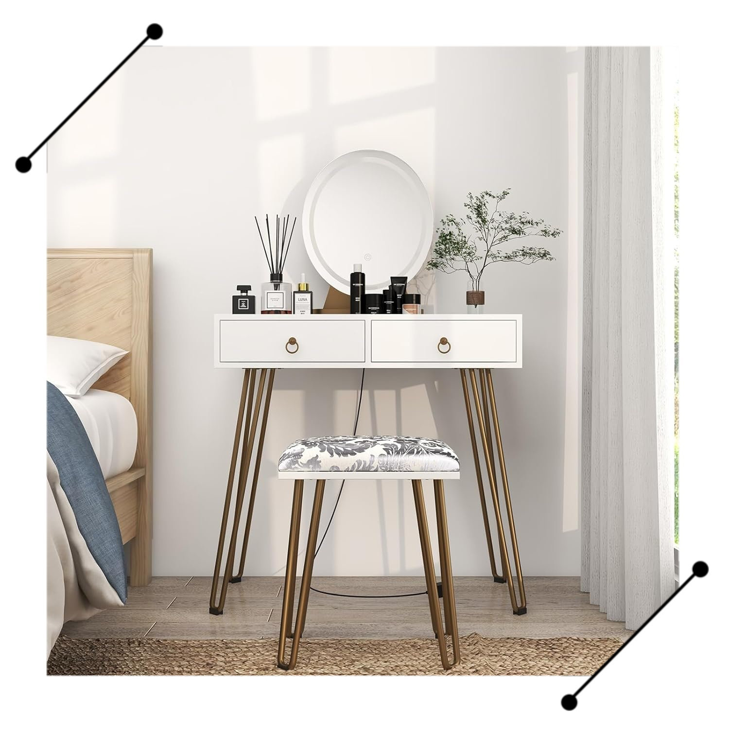 Ivy Bronx Table with Mirror Lamp,Dressing Table with 2 Drawers ...