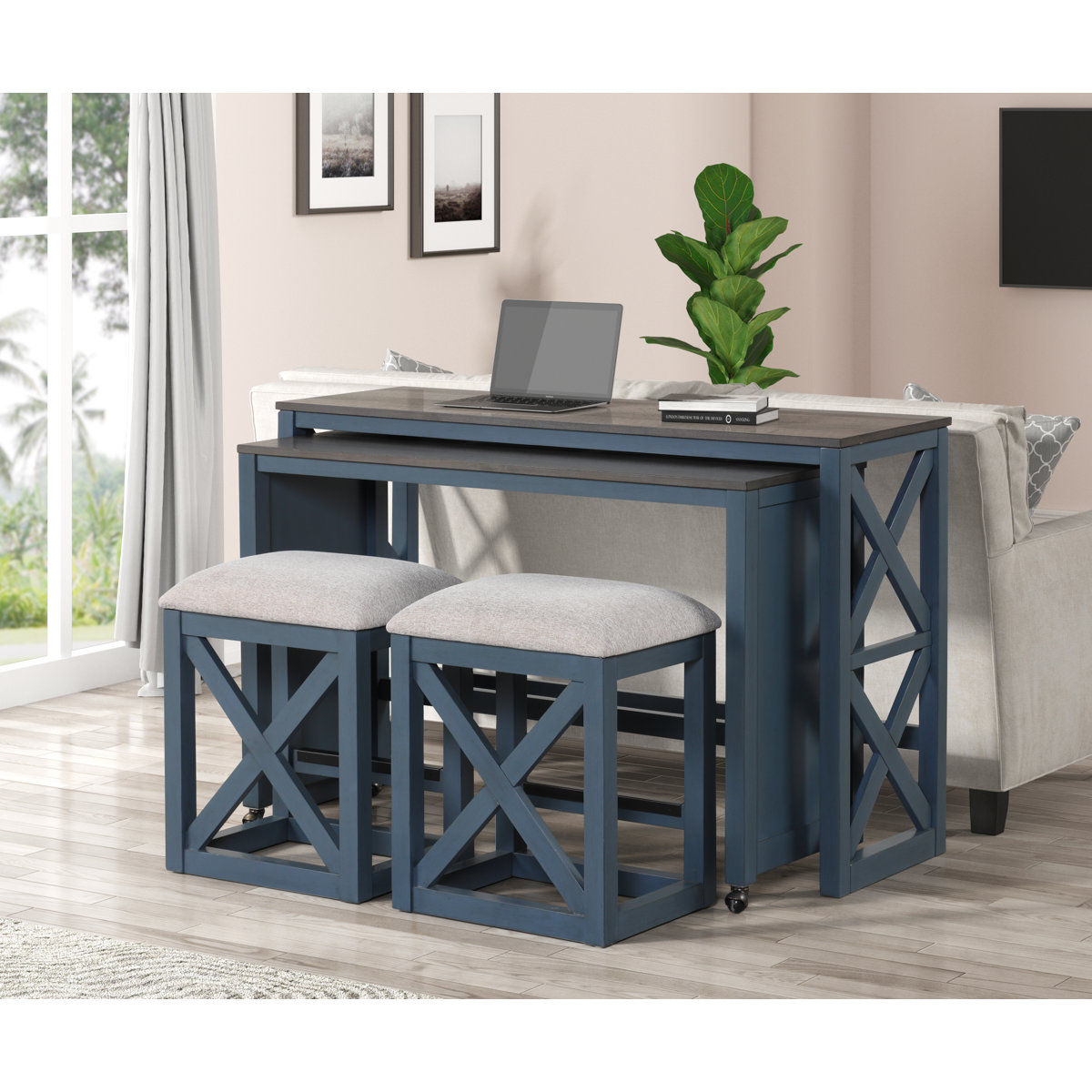 Longshore Tides Bencion 55" Long Rolling Console & 2 Stool Set ...