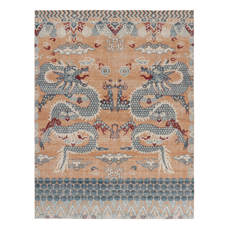 Rug & Kilim’S Distressed Dragon Rug In Blue, Gold And Red Pictorial ...