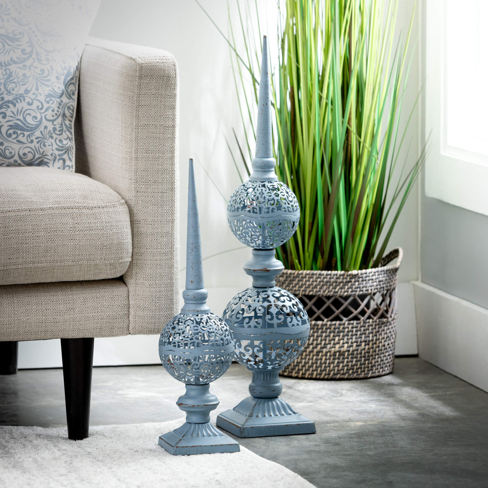 Beachcrest Home™ Metal Tabletop Finial Set of 2, 26"H & 18.5"H; Blue ...