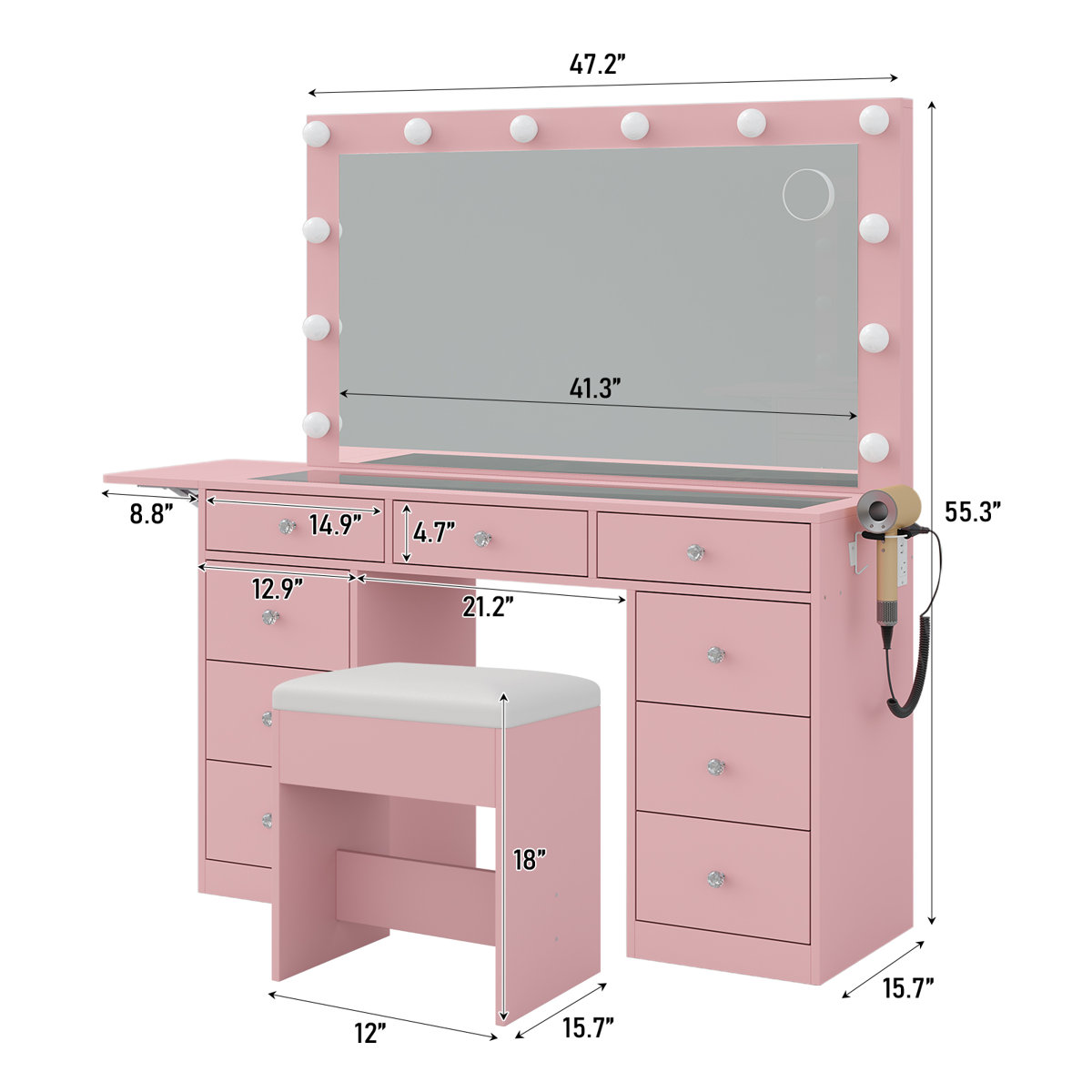 Latitude Run® Makeup Vanity with Power Outlet, 9 Drawers Vanity Desk ...