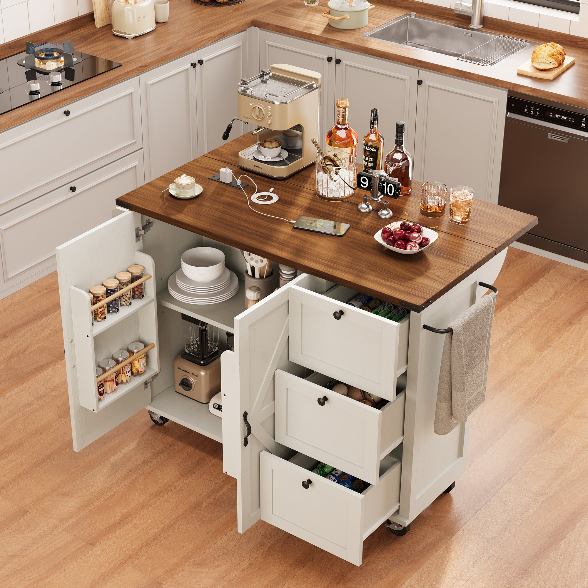 Gracie Oaks 54.5”farmhouse Style Mobile Kitchen Island With Electrical ...