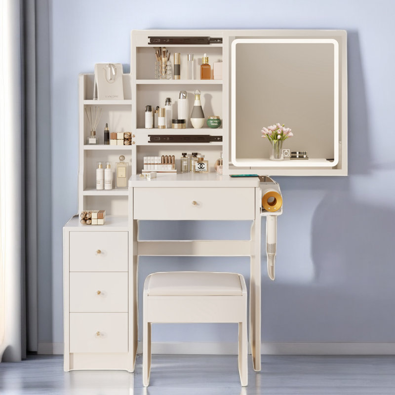 Ivy Bronx Table de coiffeuse à 4 tiroirs Ishaque avec tabouret, armoire ...