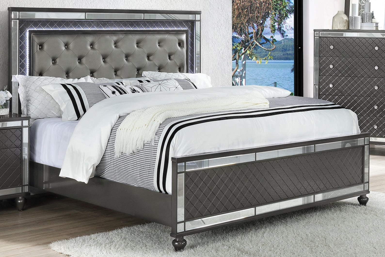 House of Hampton® Refino Gray King LED Upholstered Panel Bed | Wayfair