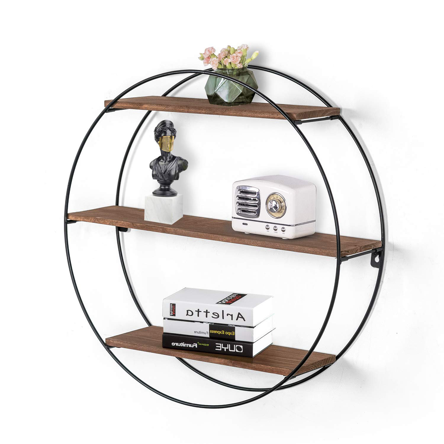 17 Stories Round Solid Wood Metal Decorative Shelf Suitable For Living ...