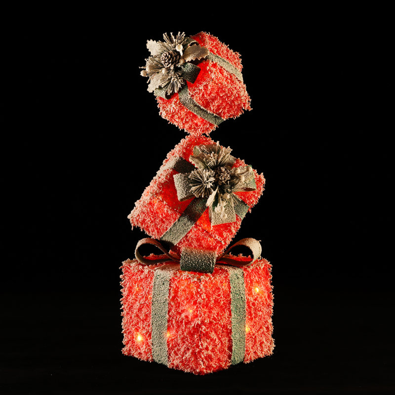 The Holiday Aisle® Red Frosted Gift Boxes with Battery Operated Lights ...