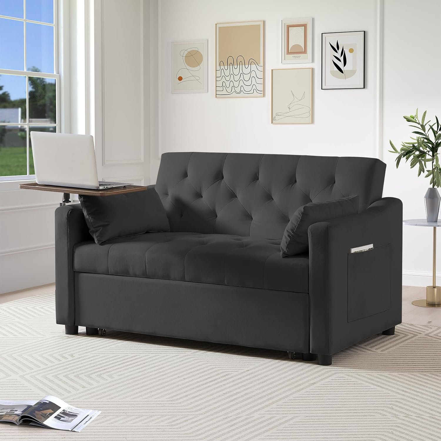 Mercer41 3-In-1 Convertible Sofa Bed With 360° Rotating Side Table, 3 ...
