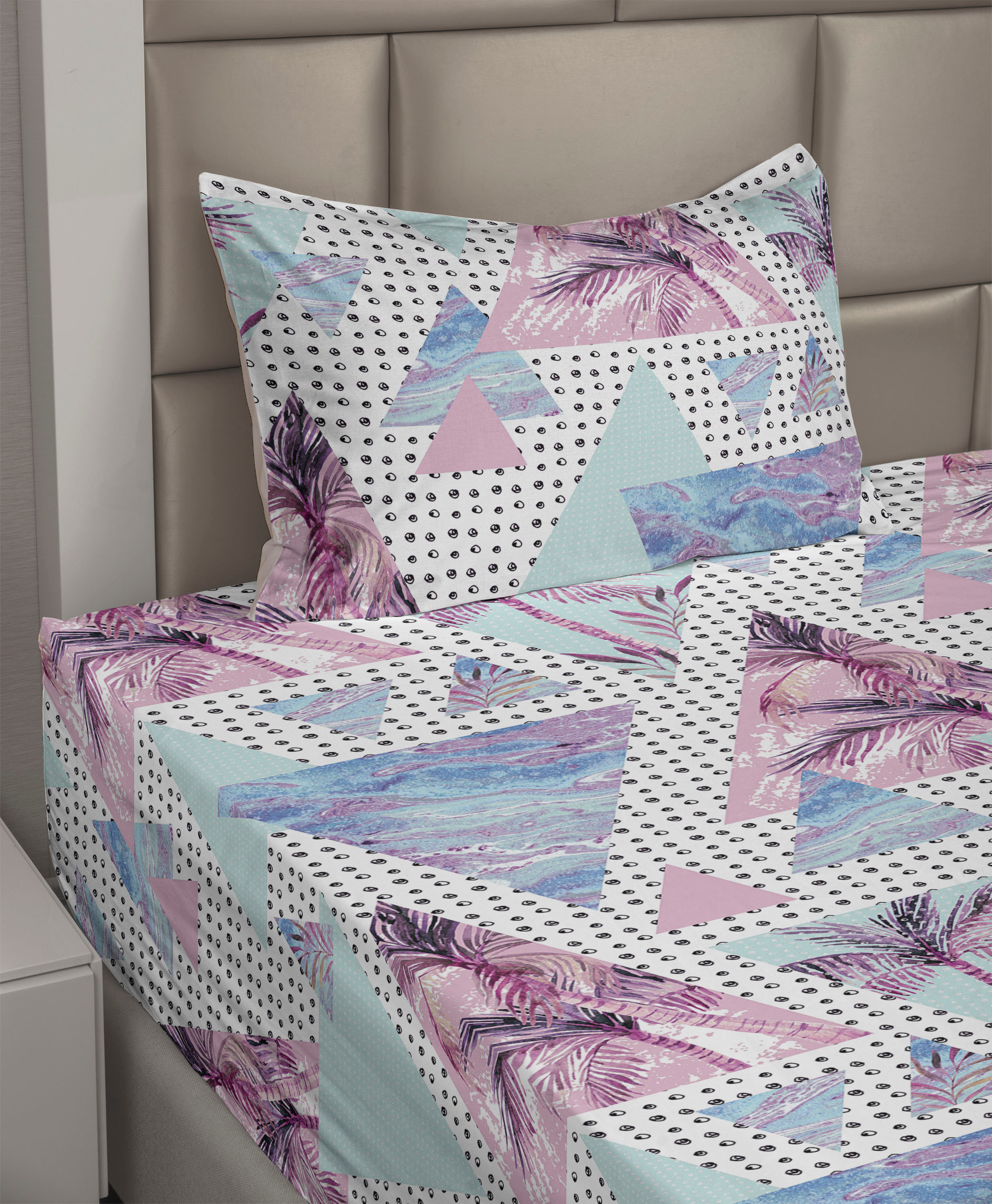 Ambesonne Retro Wave Sheet Set 90s Palm Tree Polka Dots Seafoam Pale ...