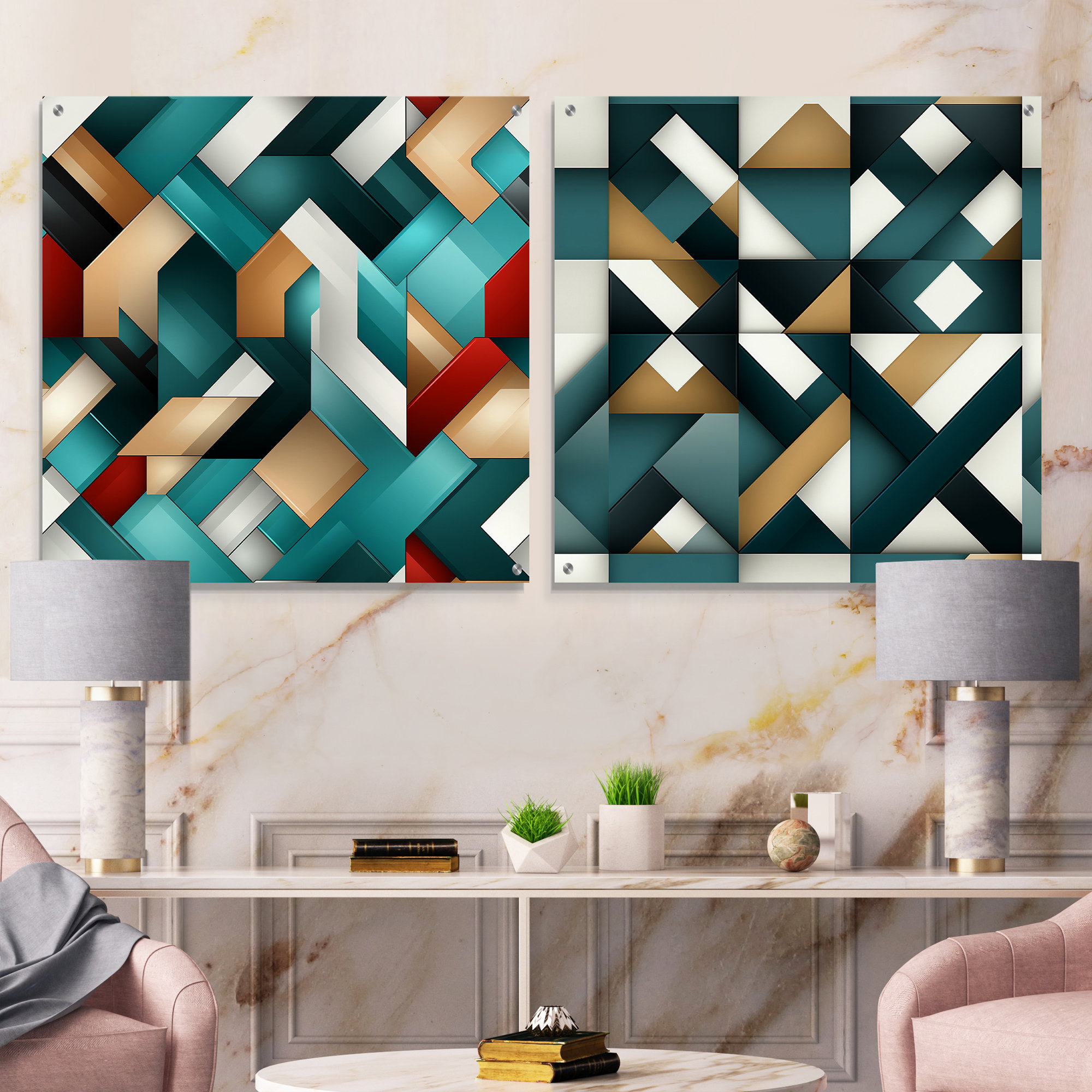 Design Art Teal Modern Geometric Tiles - Abstract Geometric Acrylic ...
