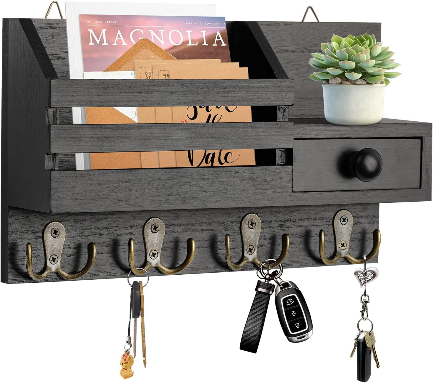 INSALER Black Wooden Key Mail Organizer With Drawer Wall Mount Key Rack ...