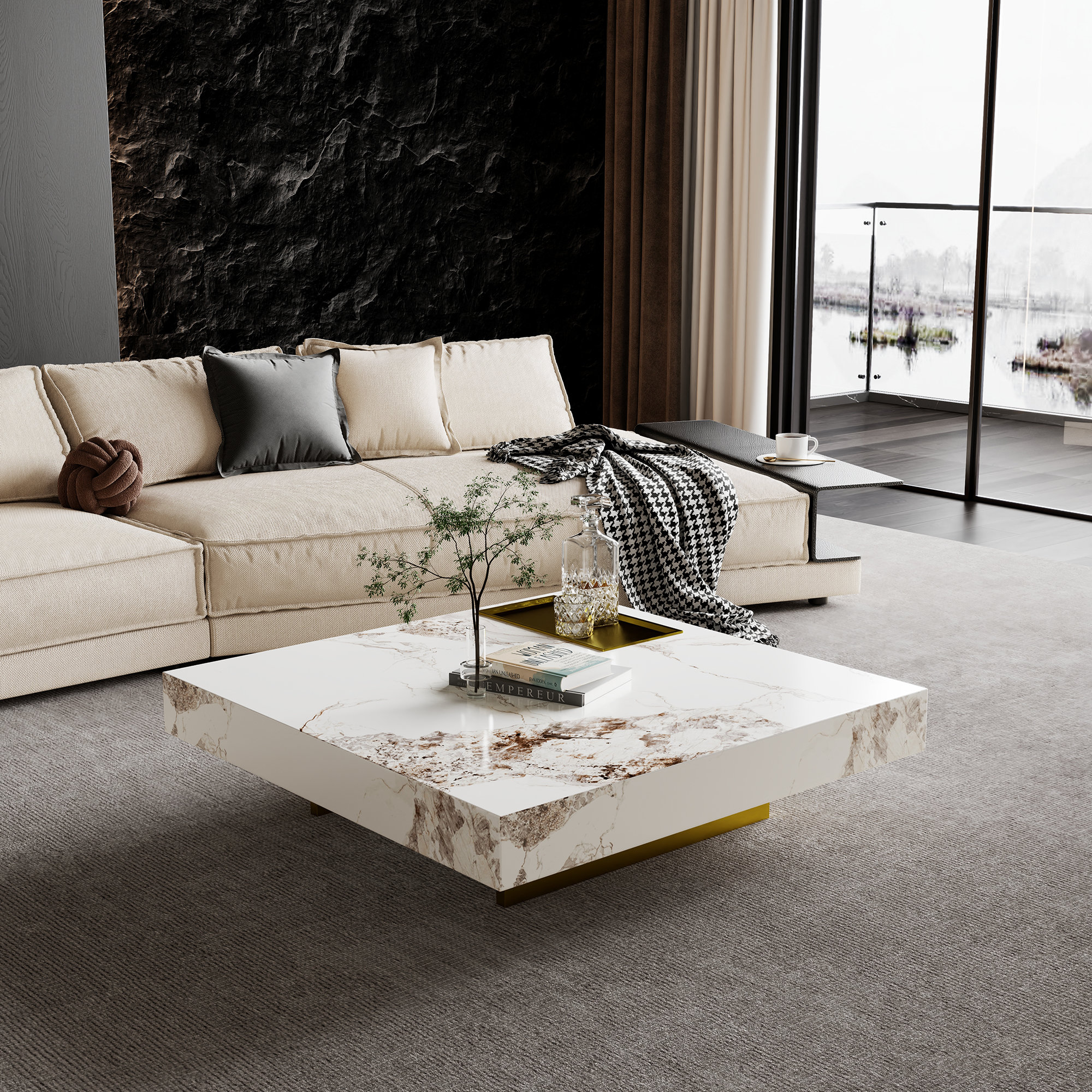 Brayden Studio® Danery Faux Marble Square 42" Coffee Tables 2 Legs ...