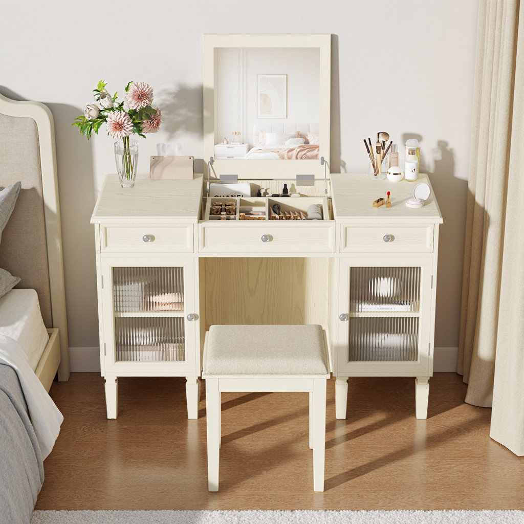 Latitude Run® 47" 2-in-1 Flip-Top Vanity Desk with Mirror | White Oak ...