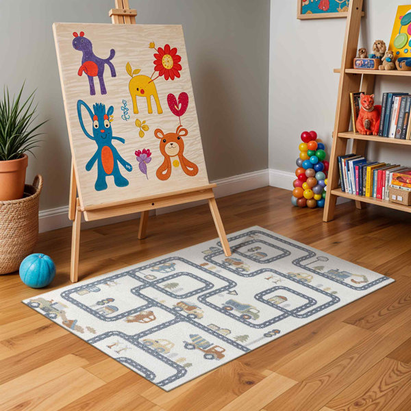 17 Stories Reagyn Kids Machine Washable Beige Grey Bedroom Area Rug ...