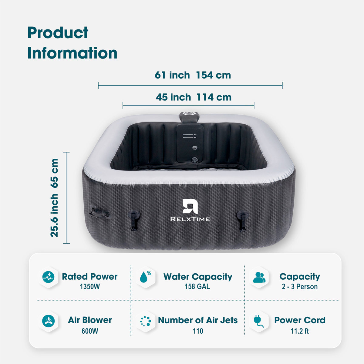 RELXTIME Portable Square Energy-Saving Inflatable Hot Tub for 4 People ...