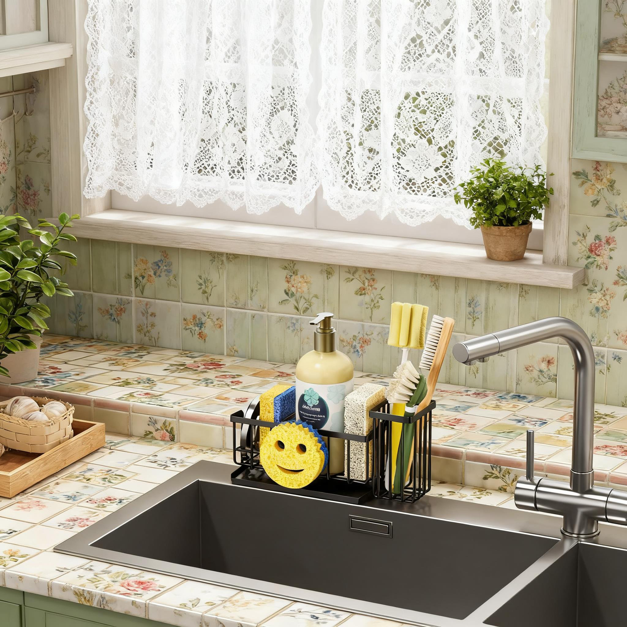 Xiangong Smiley Face Sink Caddy Sponge Holder With Auto-Drain Tray ...