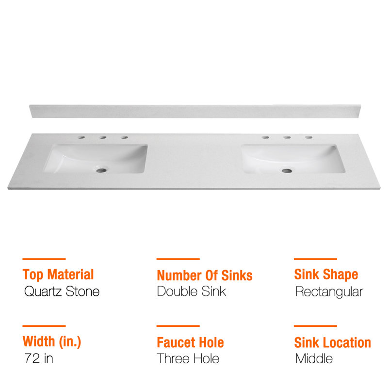 PROOX 72'' Quartz Stone Double Vanity Top with Sink and 3 Faucet Holes ...