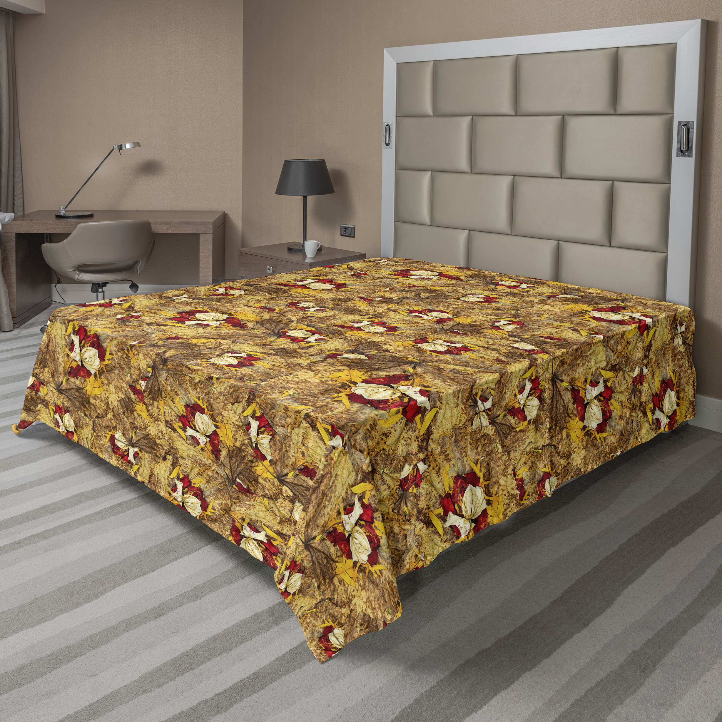 Ambesonne Autumn Flat Sheet Fall Leafy Artwork Blooms Dark Coral ...