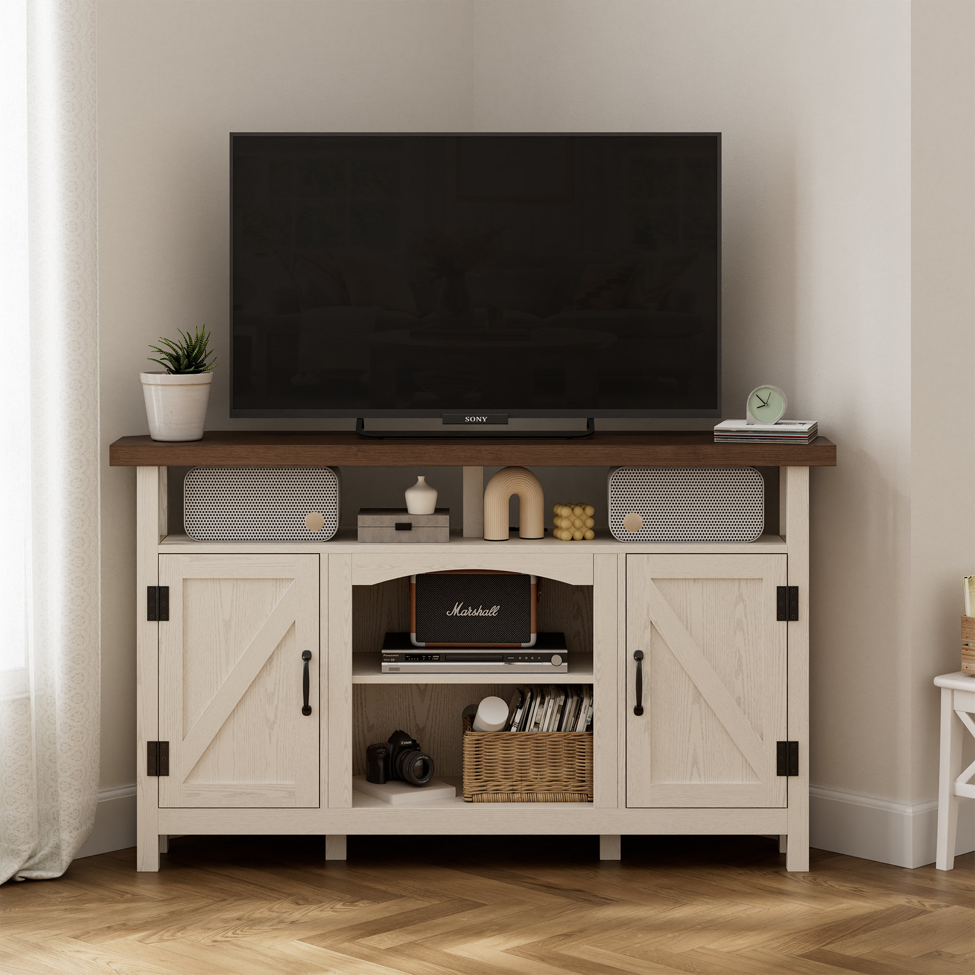 Gracie Oaks Nasho Farmhouse Corner TV Stand with USB Ports and Outlet ...