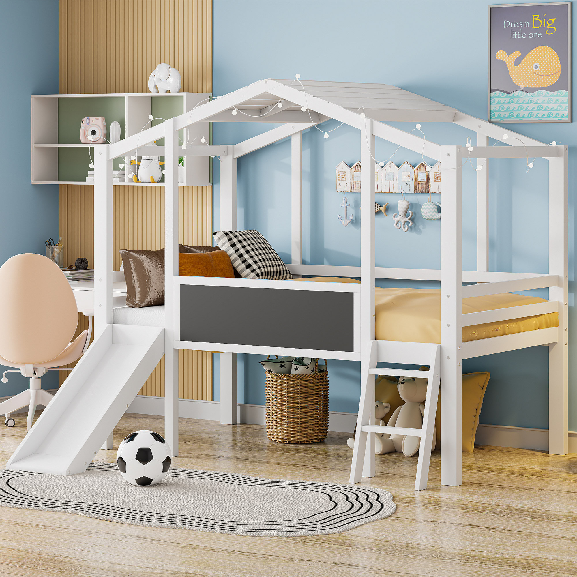 Dakota Fields Twin Size Loft Bed With Ladder And Slide, House Bed With Blackboard And Light ...