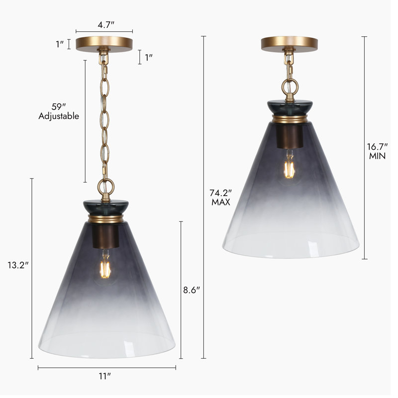Mercer41 1-Light Modern Cone Pendant Light With Gradient Smoky Glass ...