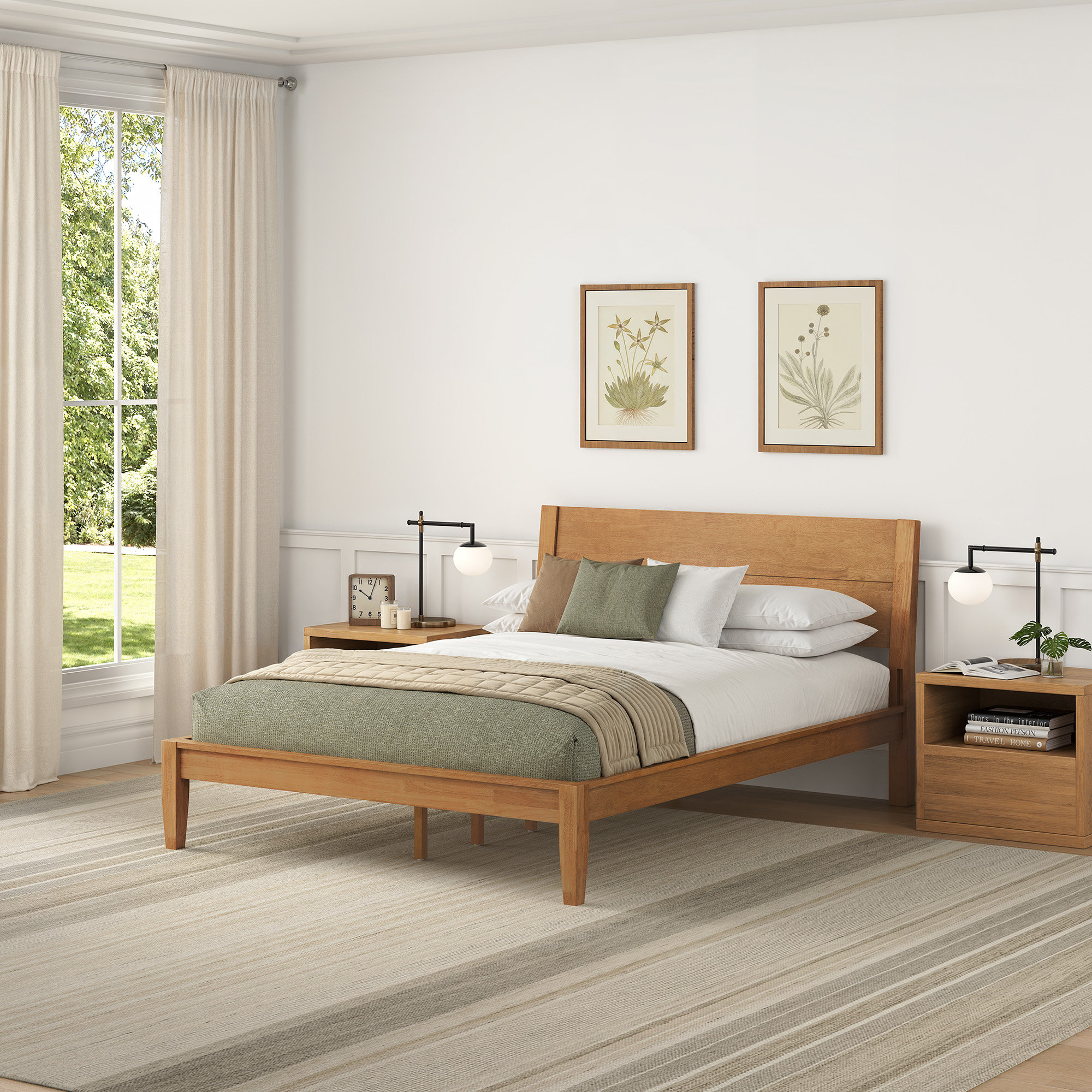 George Oliver Mid-Century Modern Design Solid Oak Wood Bed Frame, Easy ...