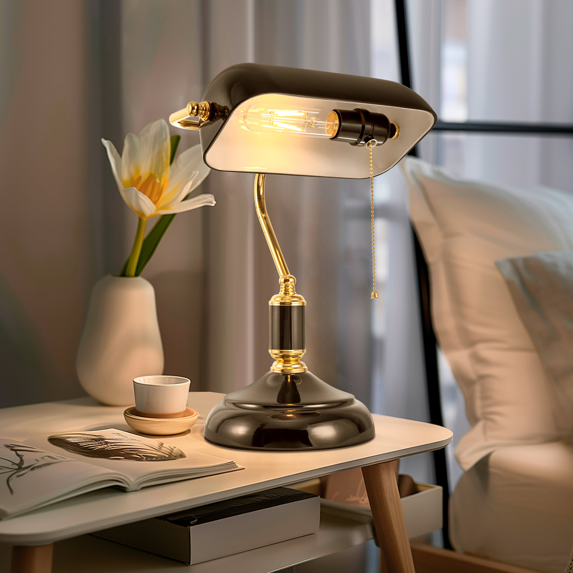 House of Hampton® Black Glass Bankers Lamp With Gold Trim And Pull ...