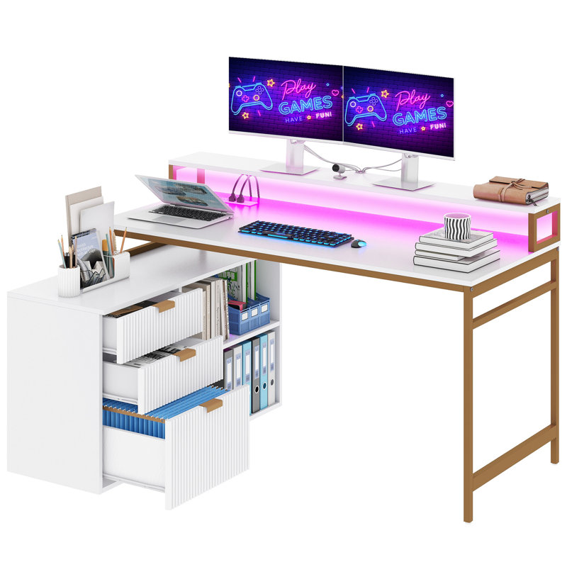 Inbox Zero Novelty 55" L-Shape Wood Computer Desk with Shelves & 3-File ...