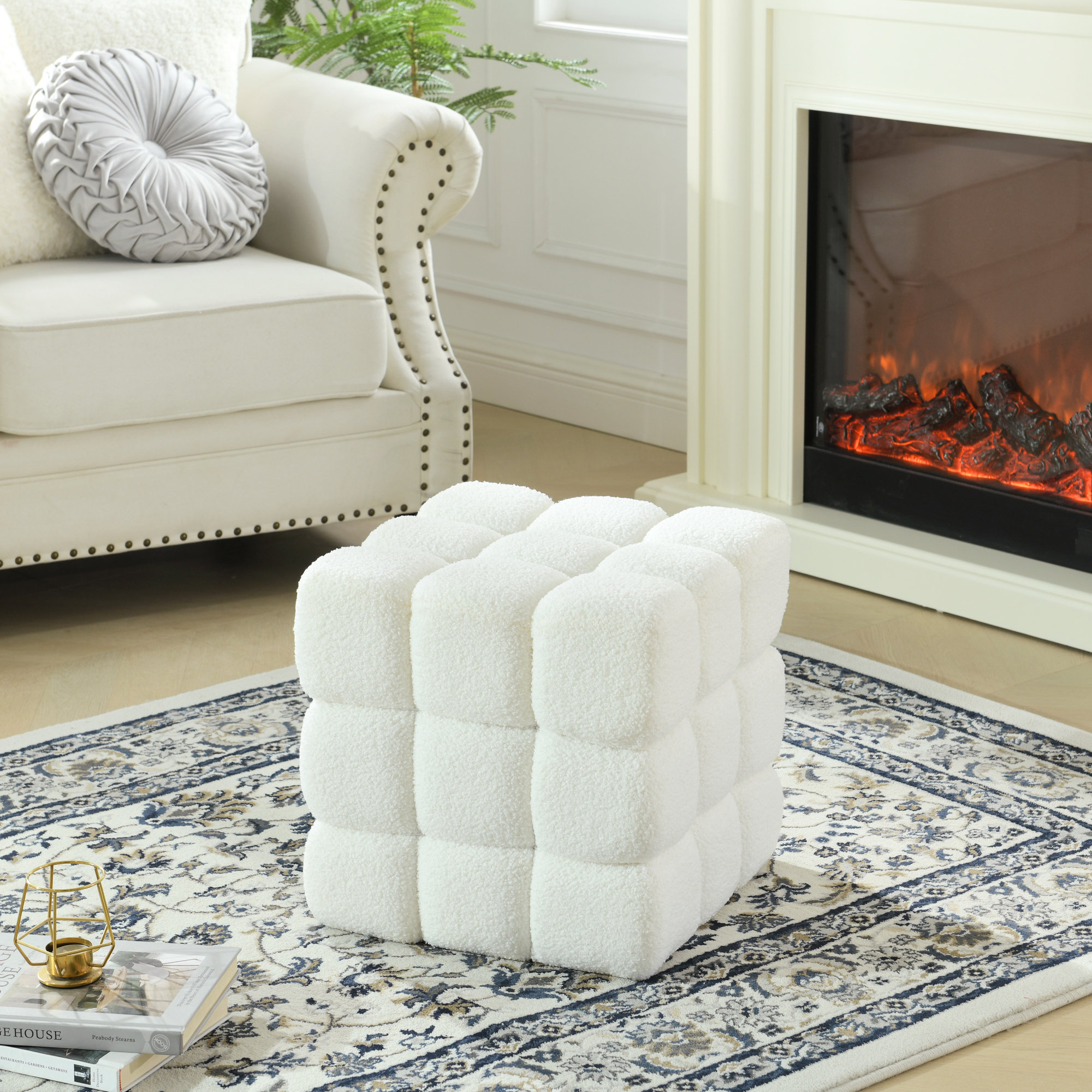 Ebern Designs Hogsett Modern Boucle Ottoman, Footstool With Cub Square ...