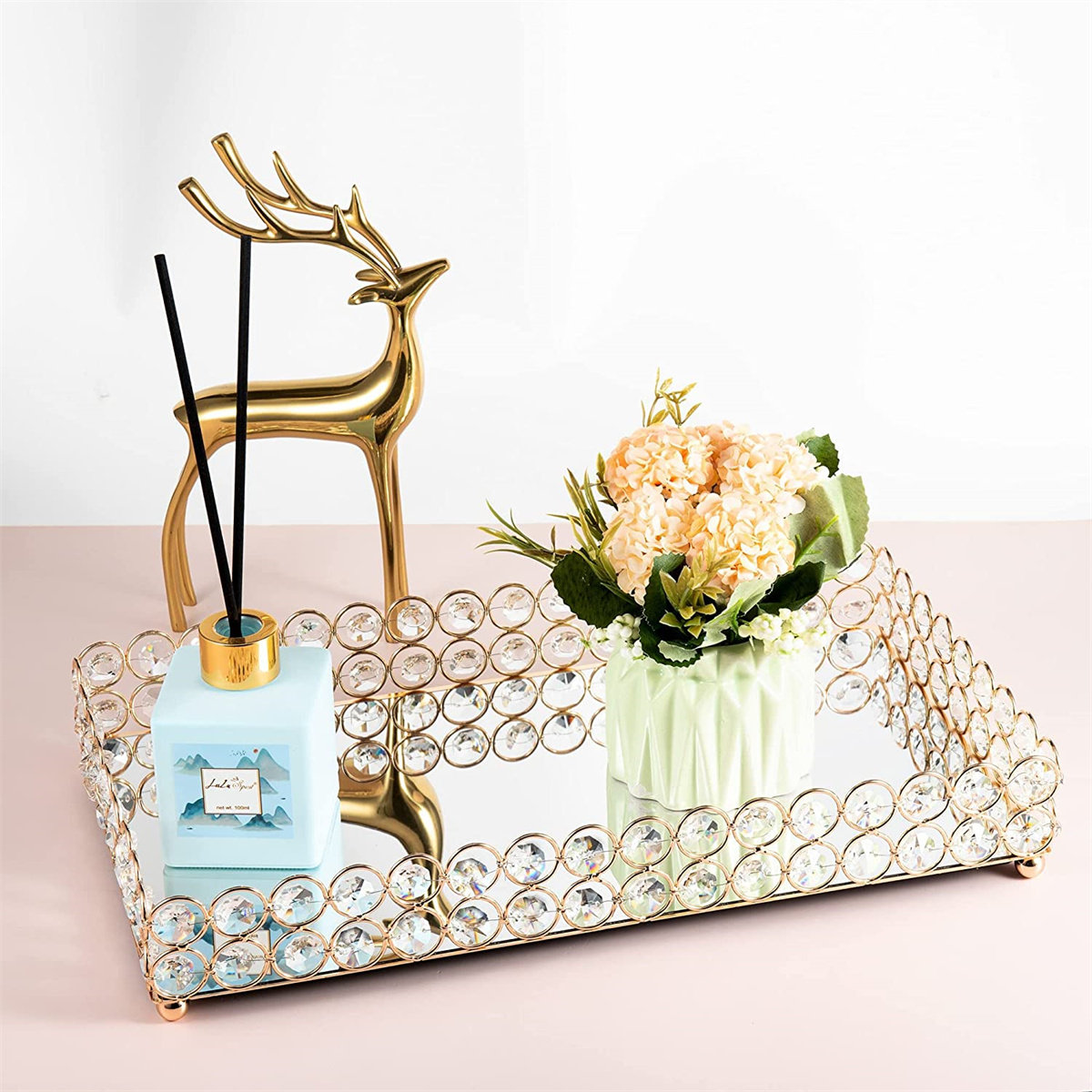 House of Hampton Large Crystal Rectangle Mirrored Tray Cosmetic Vanity ...