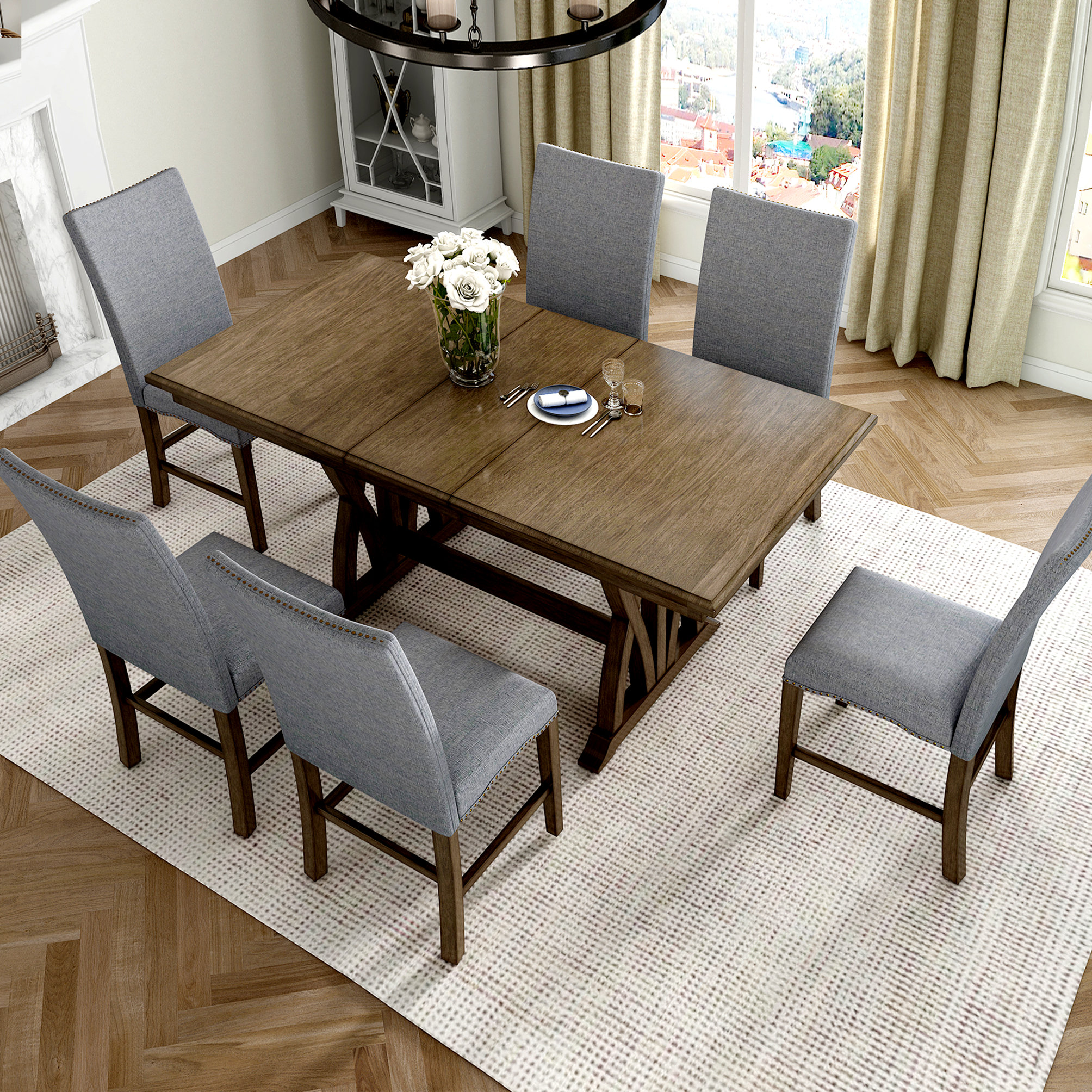One Allium Way® Solid Wood 7-Piece Dining Table Set Extendable Kitchen ...