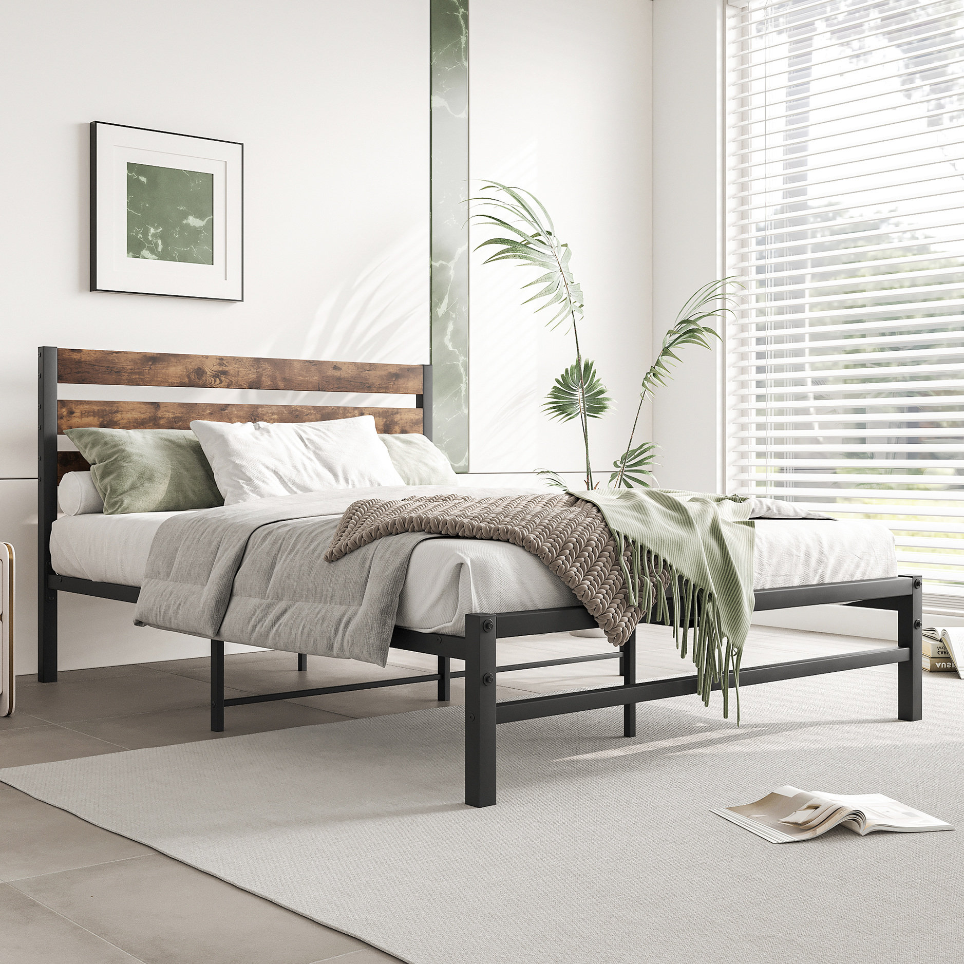 17 Stories Full Size Bed With Rustic Headboard, Metal Slats, Mattress ...