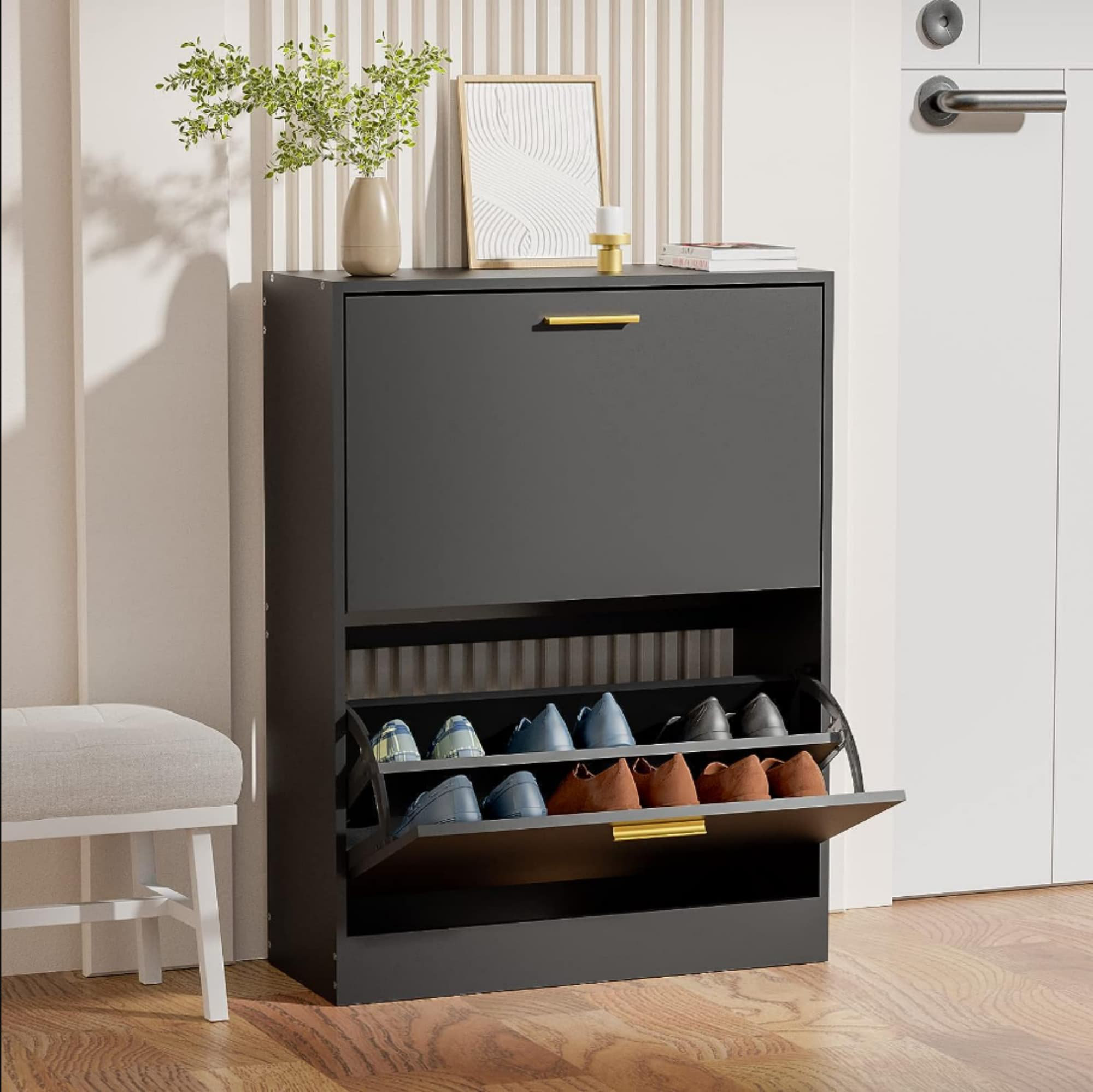 Everly Quinn Slim Black Shoe Cabinet for Entryway Storage, Hidden Shoe ...