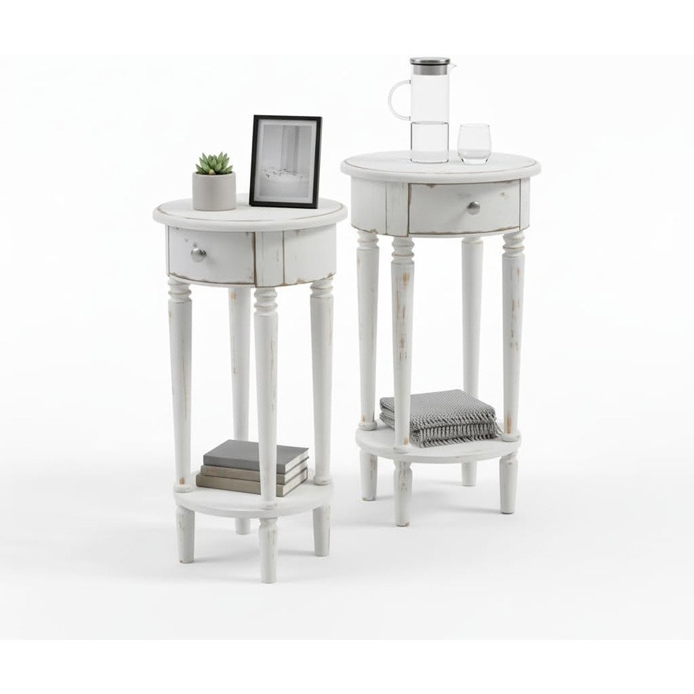 August Grove® Tall Round End Table Set Of 2 With Drawers And Lower ...