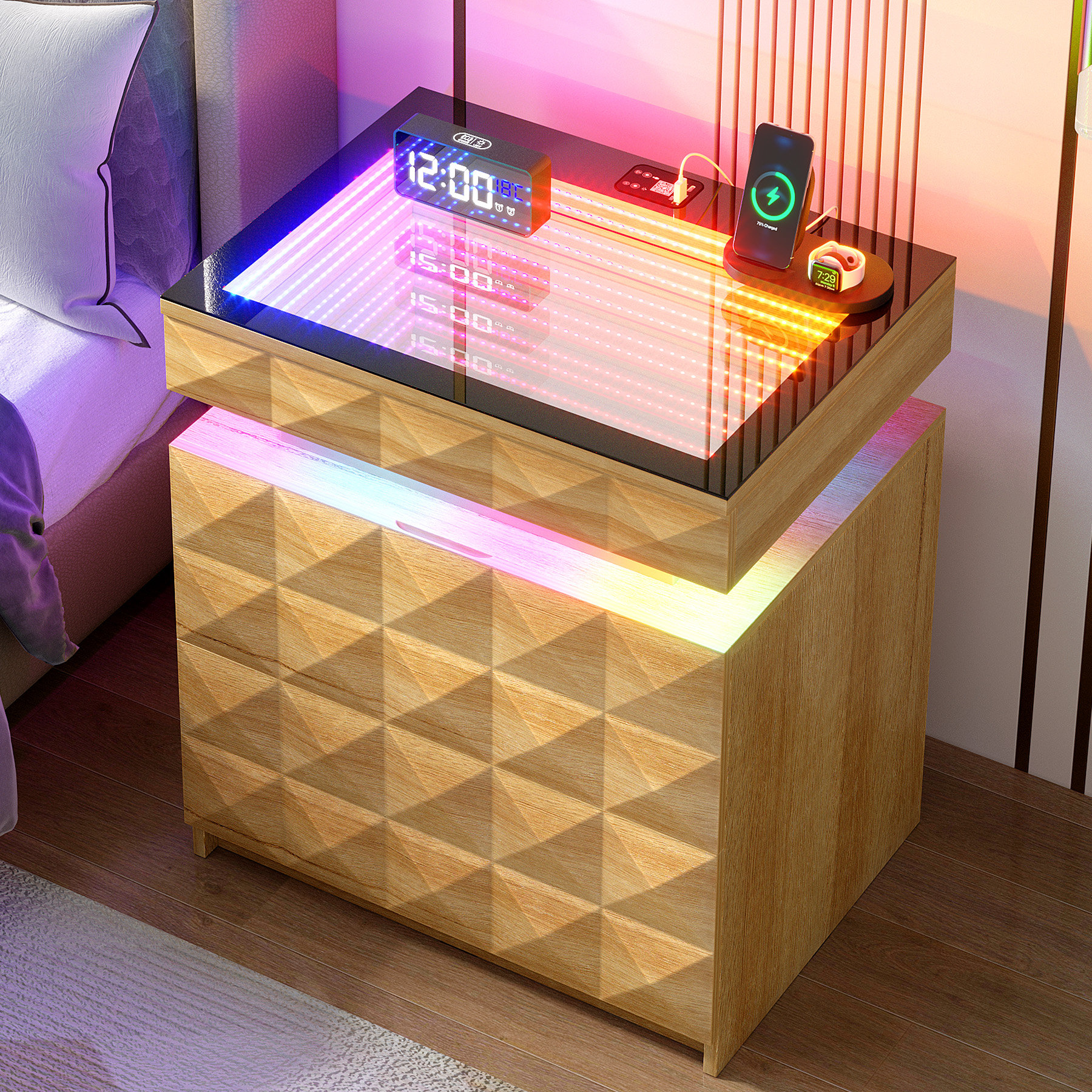 Metro Lane Bedside Table With 3d Mirror Abyss And Rgb Lights, 3 Drawers Nightstand With Tempered ...