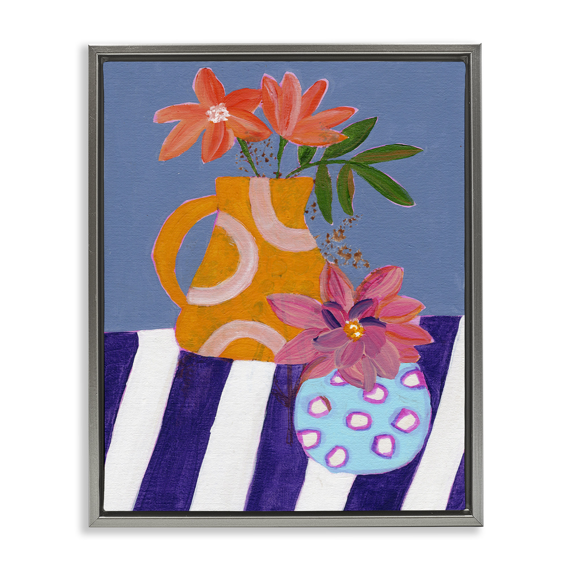 Dakota Fields Blue Whimsy Farm Vase Framed Floater Canvas Wall Art by ...