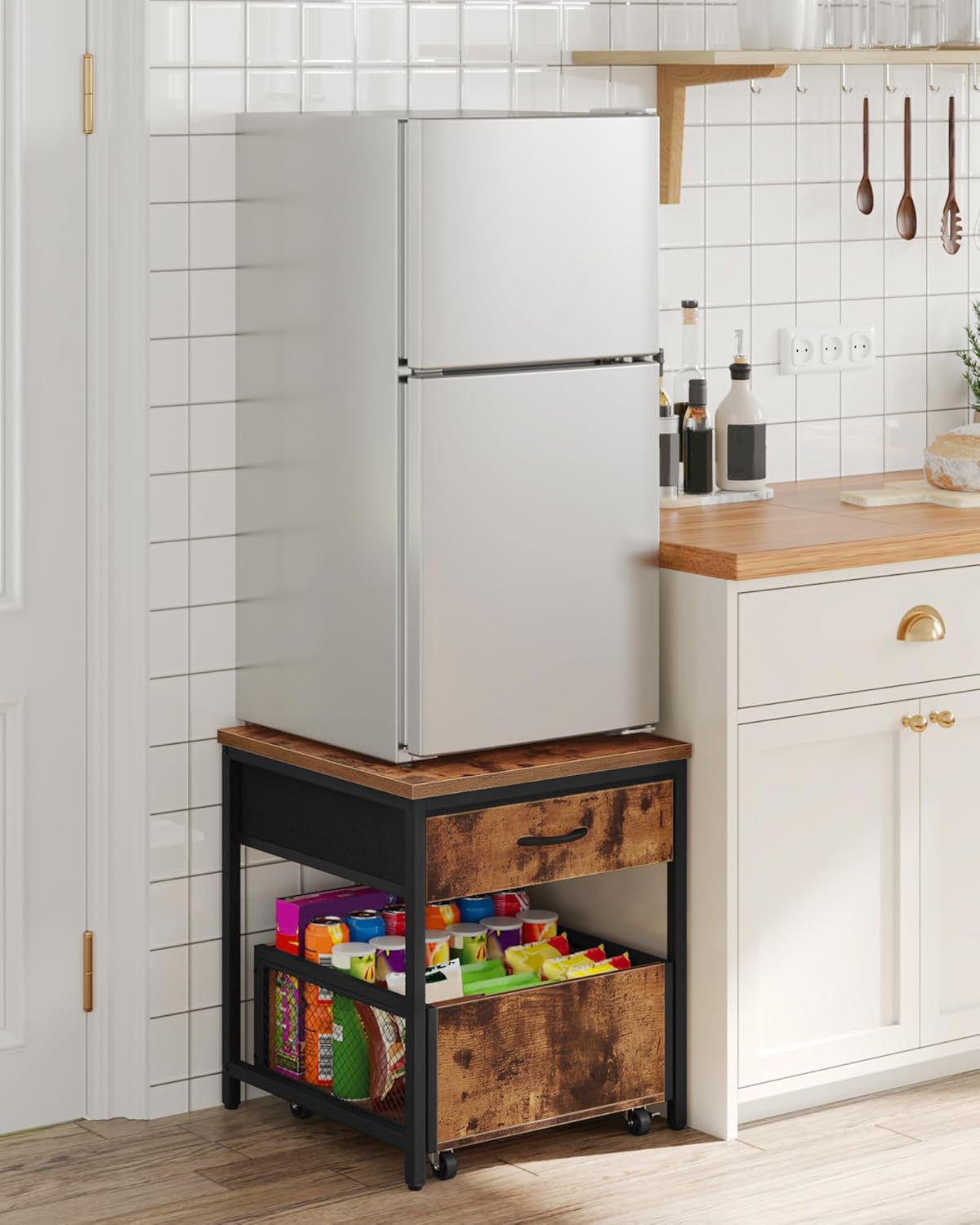 17 Stories Mini Fridge Stand With Storage,With Fabric Drawer,With ...