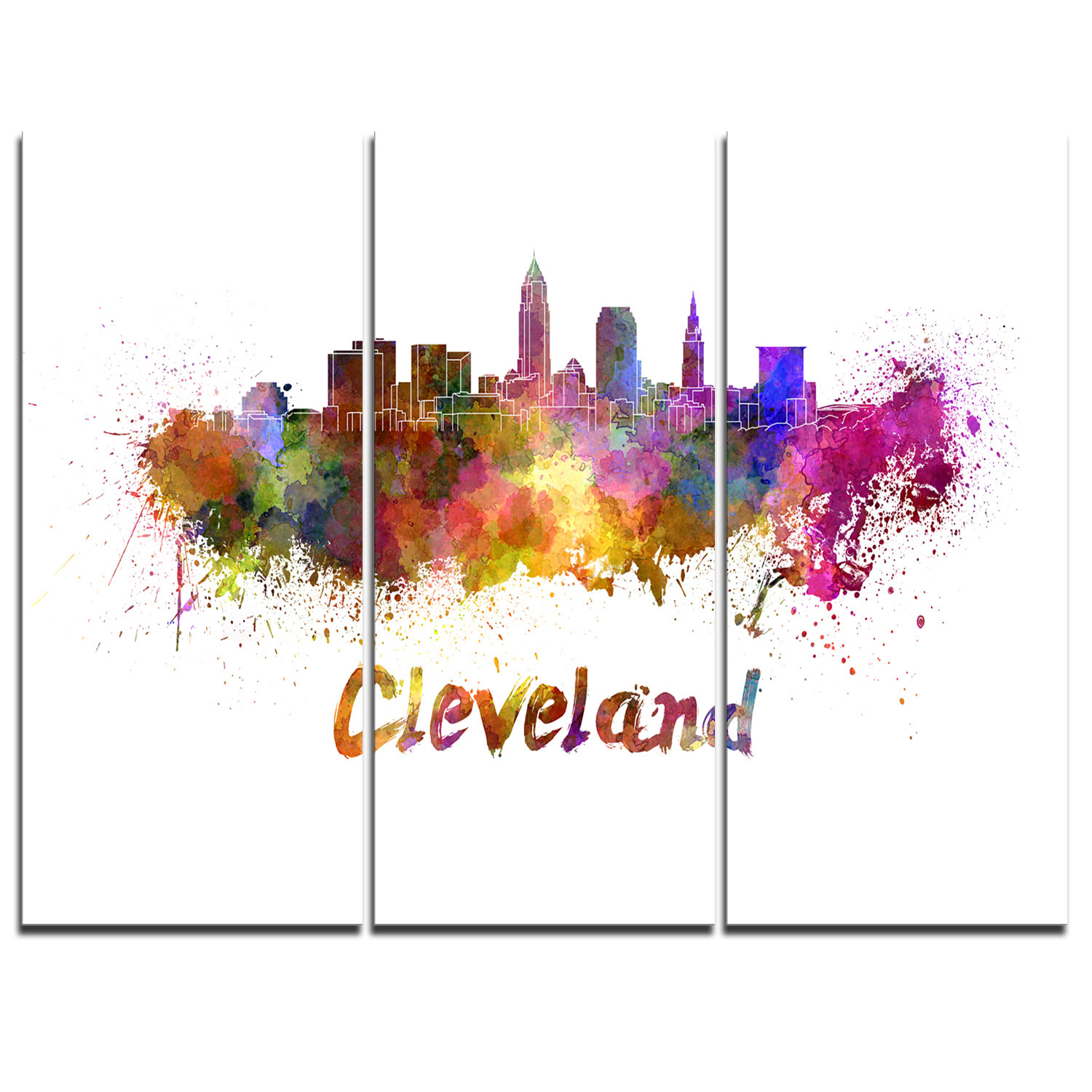 Design Art Cleveland Skyline - 3 Piece Graphic Art on Wrapped Canvas ...