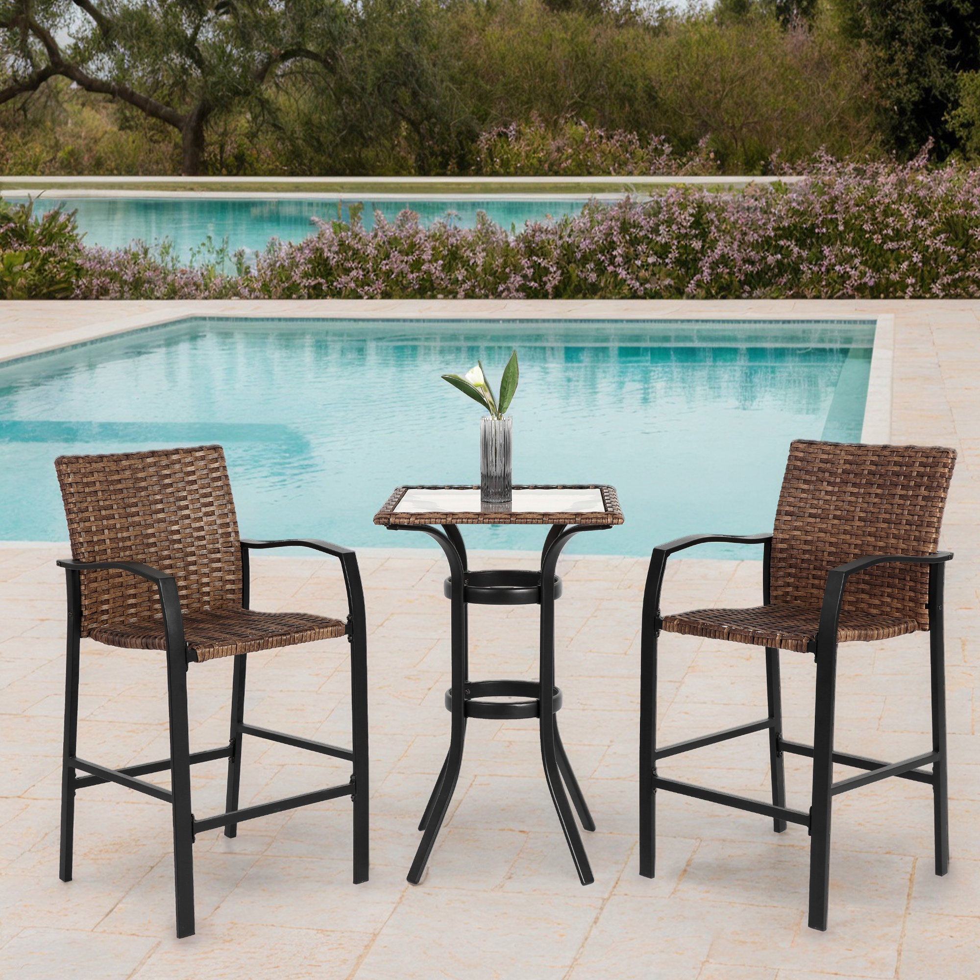 Bayou Breeze 3 Pieces Outdoor Bar Stools Set,Rattan Bar Chairs,With ...