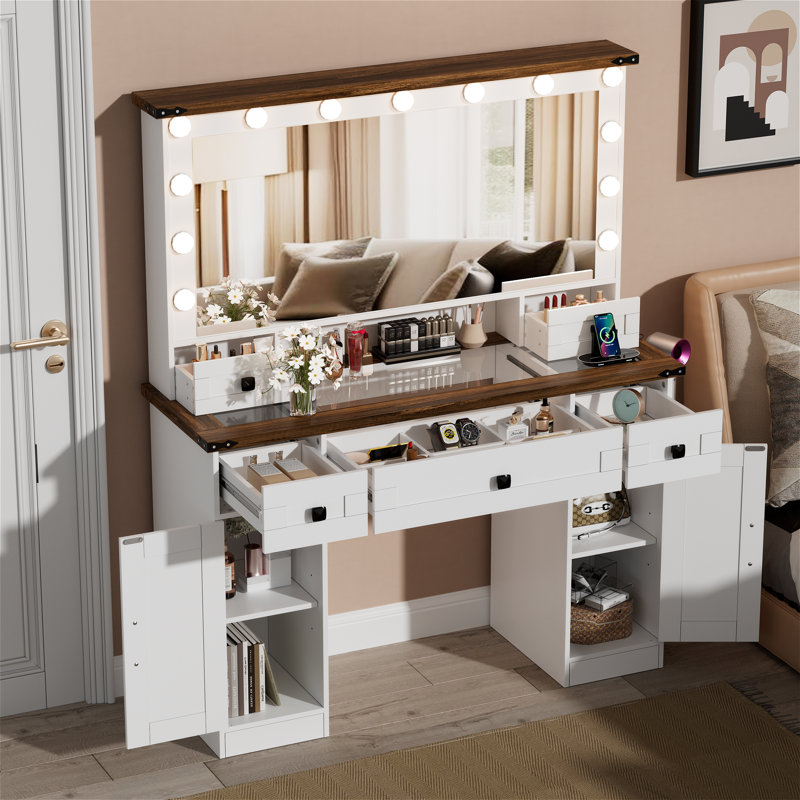 August Grove® Boriss 45'' Large Makeup Vanity, White Vanity Desk with ...