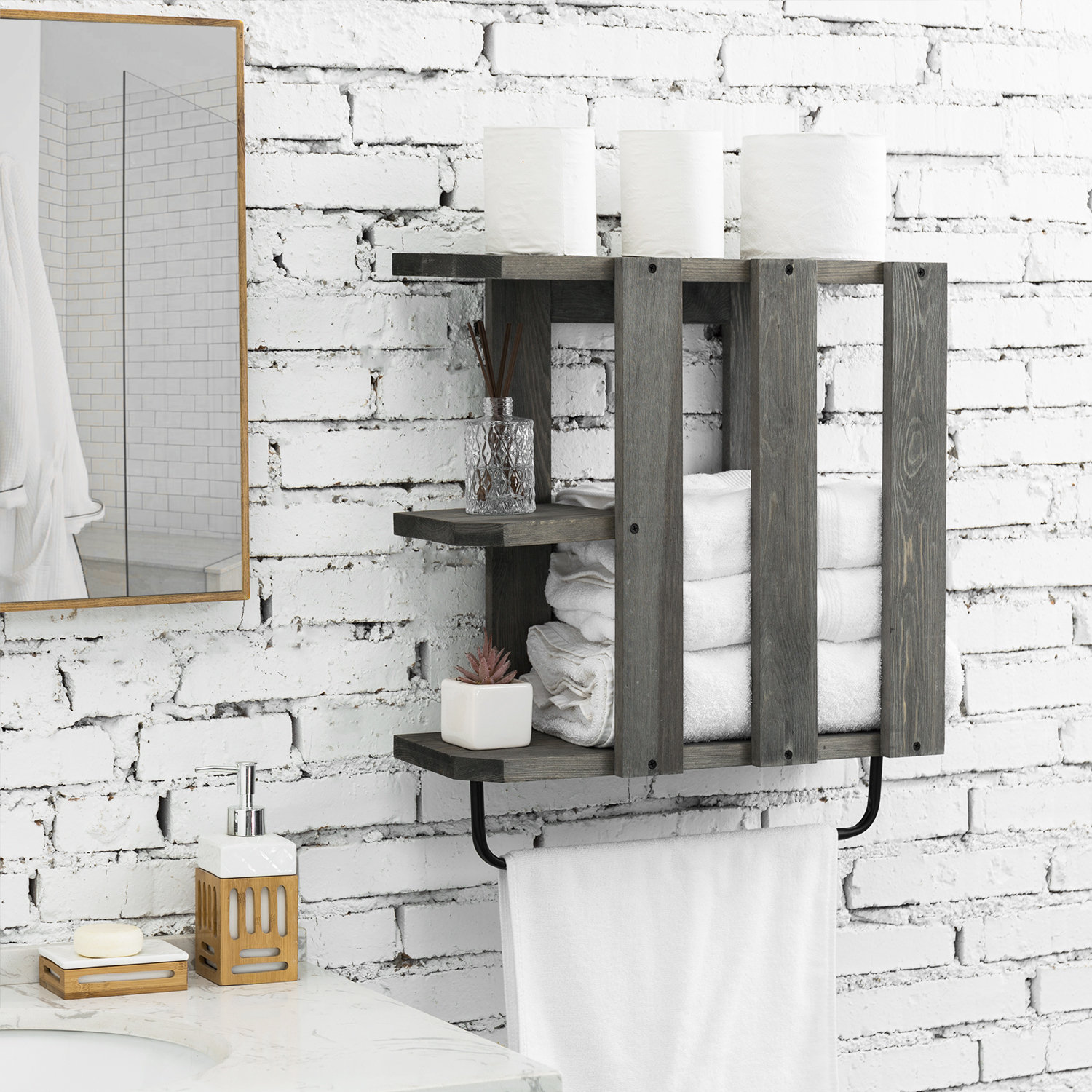 Gracie Oaks Wall Mounted Grey Wood Storage Rack - Wayfair Canada