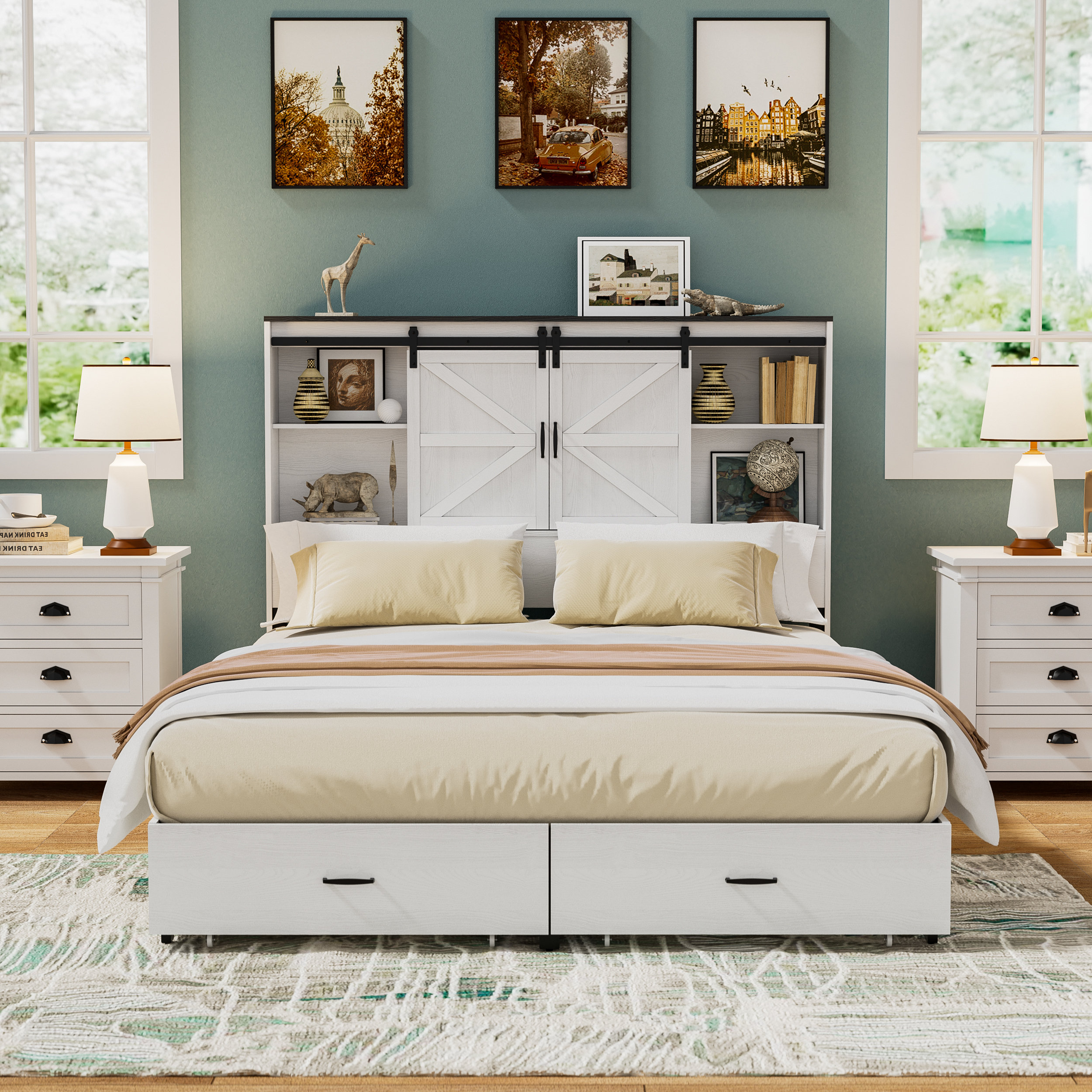 Latitude Run® Wooden Queen Size Platform Bed Frame with Outlet, Sliding ...