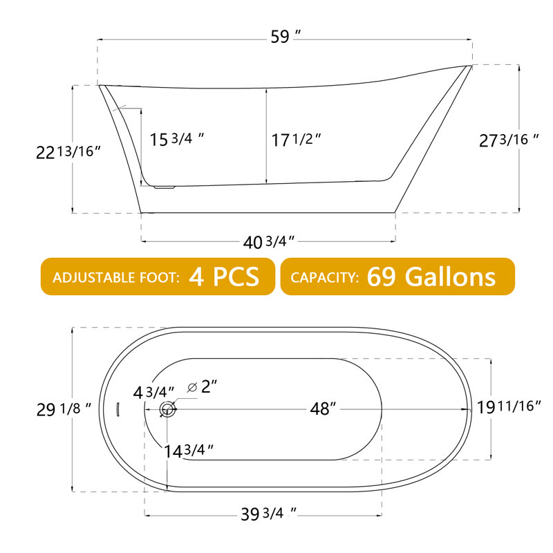 ZEAFIVE Free Standing Tub 59" Acrylic Freestanding Bathtub Adjustable ...