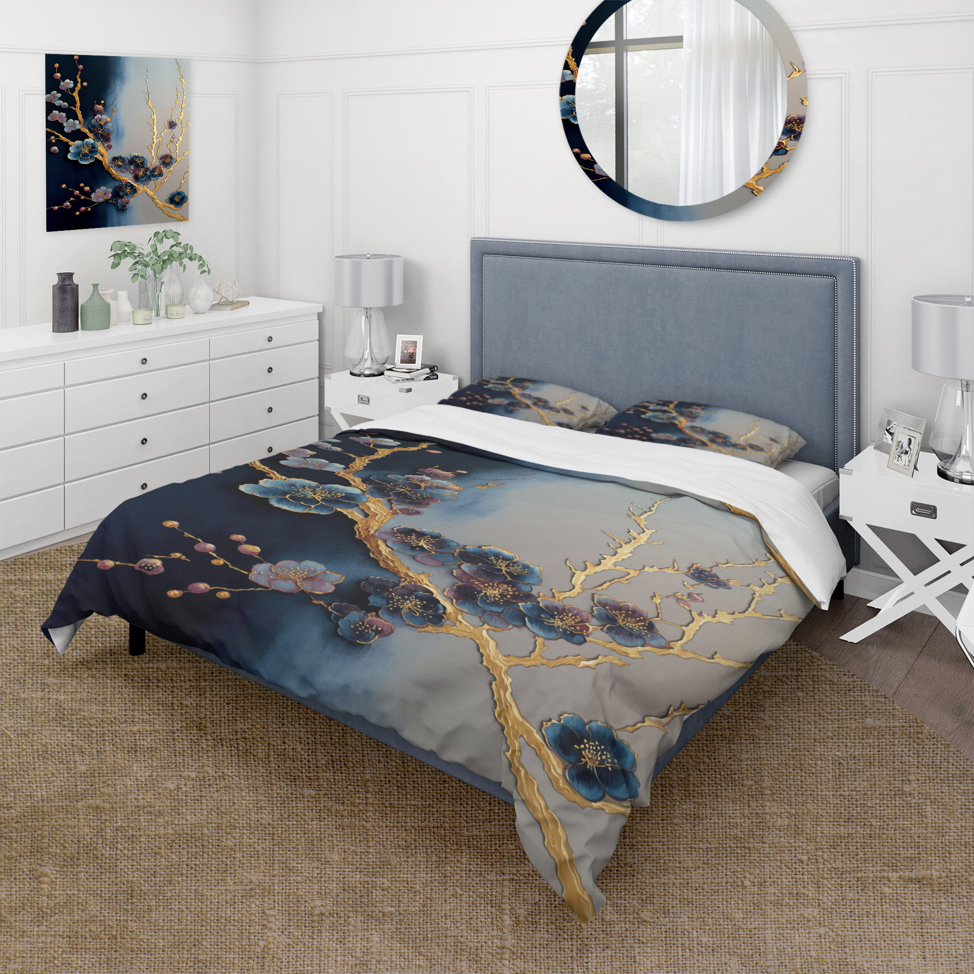 Design Art Blue Cherry Blossom Branch II Microfiber / Polyester Duvet ...