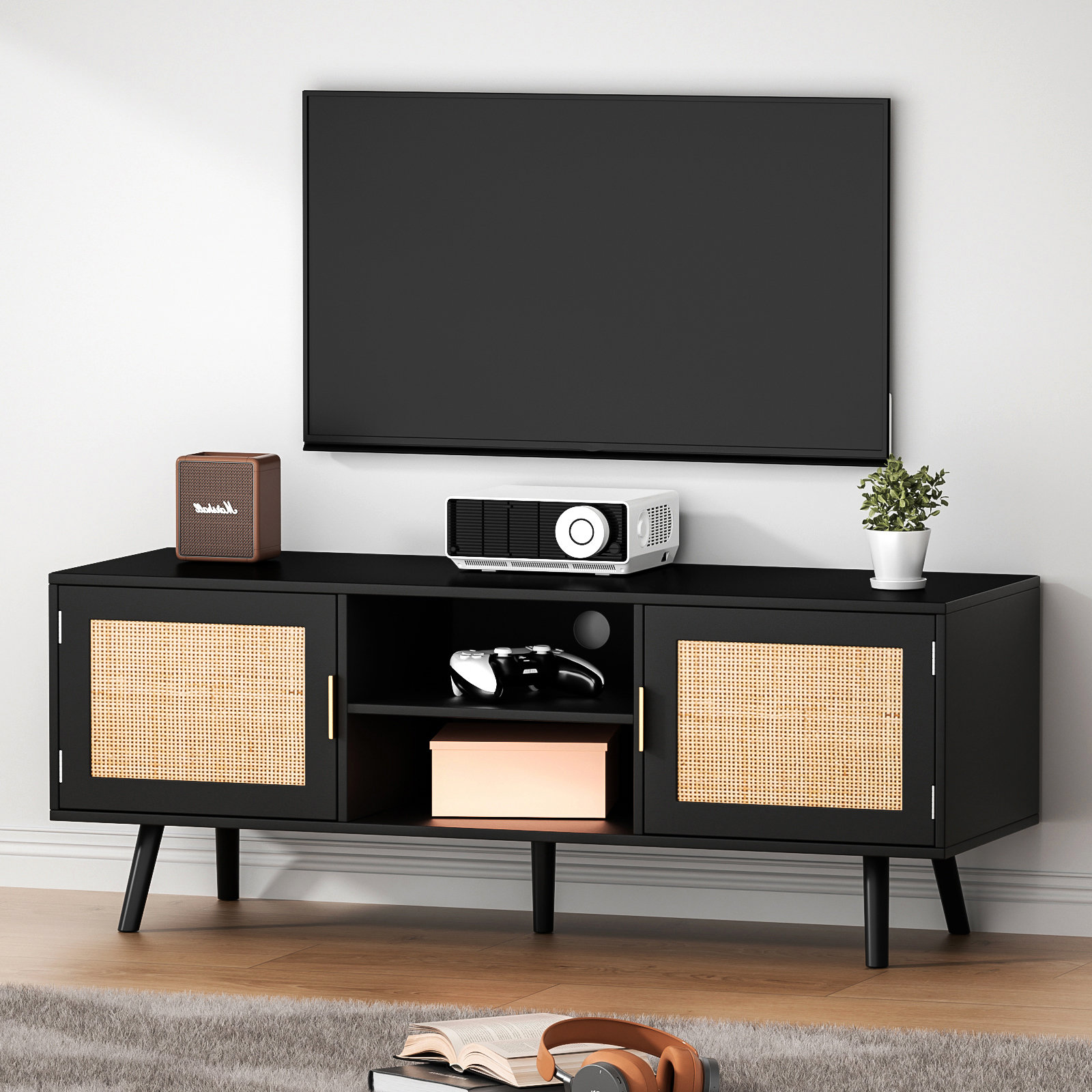 Bay Isle Home™ Black TV Stand up to 55" Rattan Storage Media Console ...
