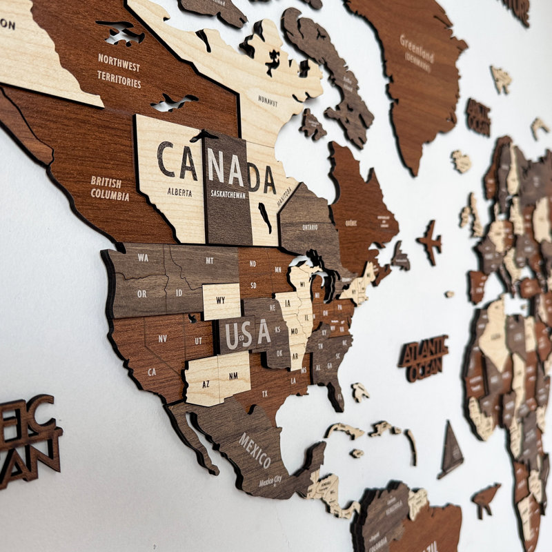 Breakwater Bay 3D Wooden World Map for Wall - 3D Wood Push Pin Map ...