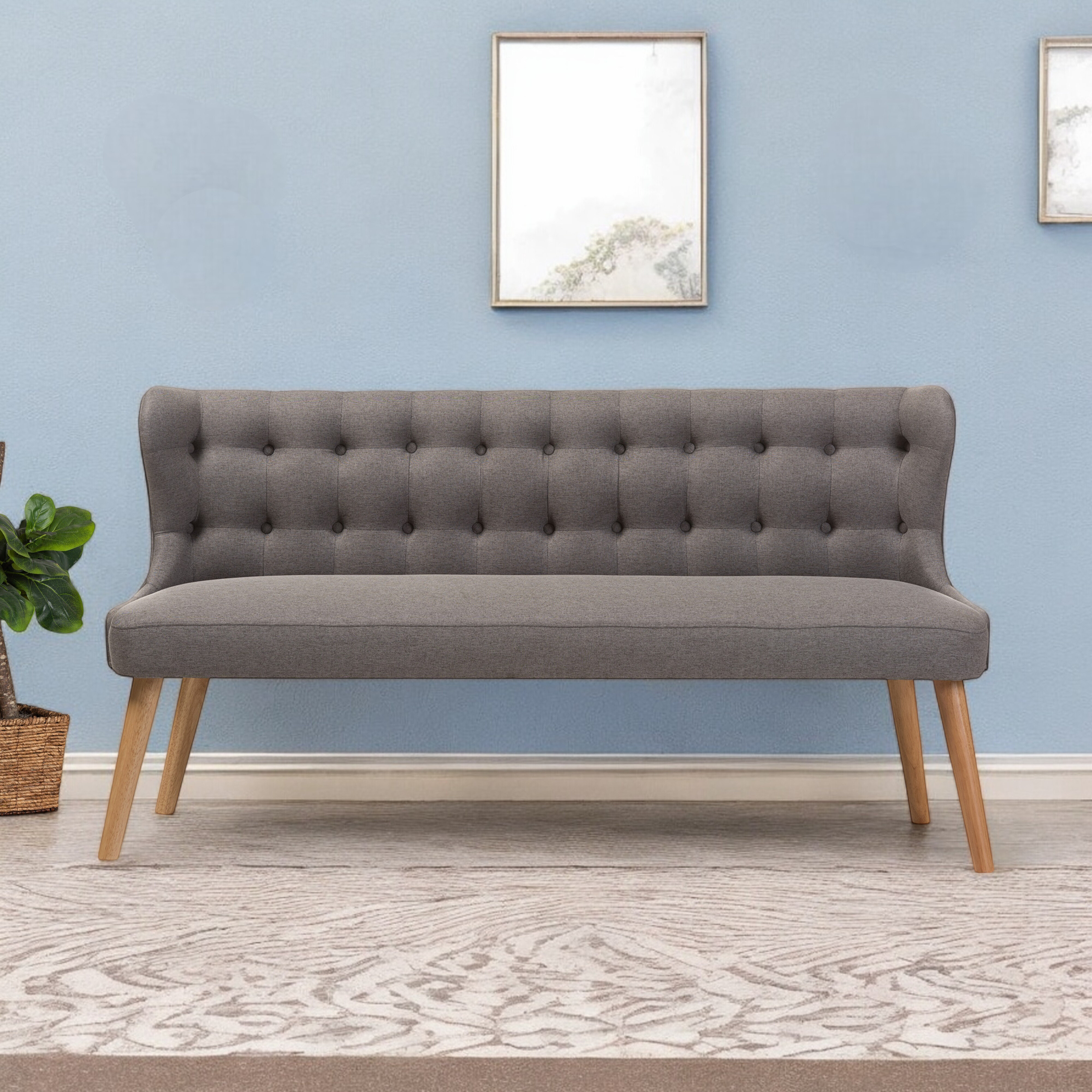 George Oliver Scribe 3-Seater mid-century modern bench with grey fabric ...
